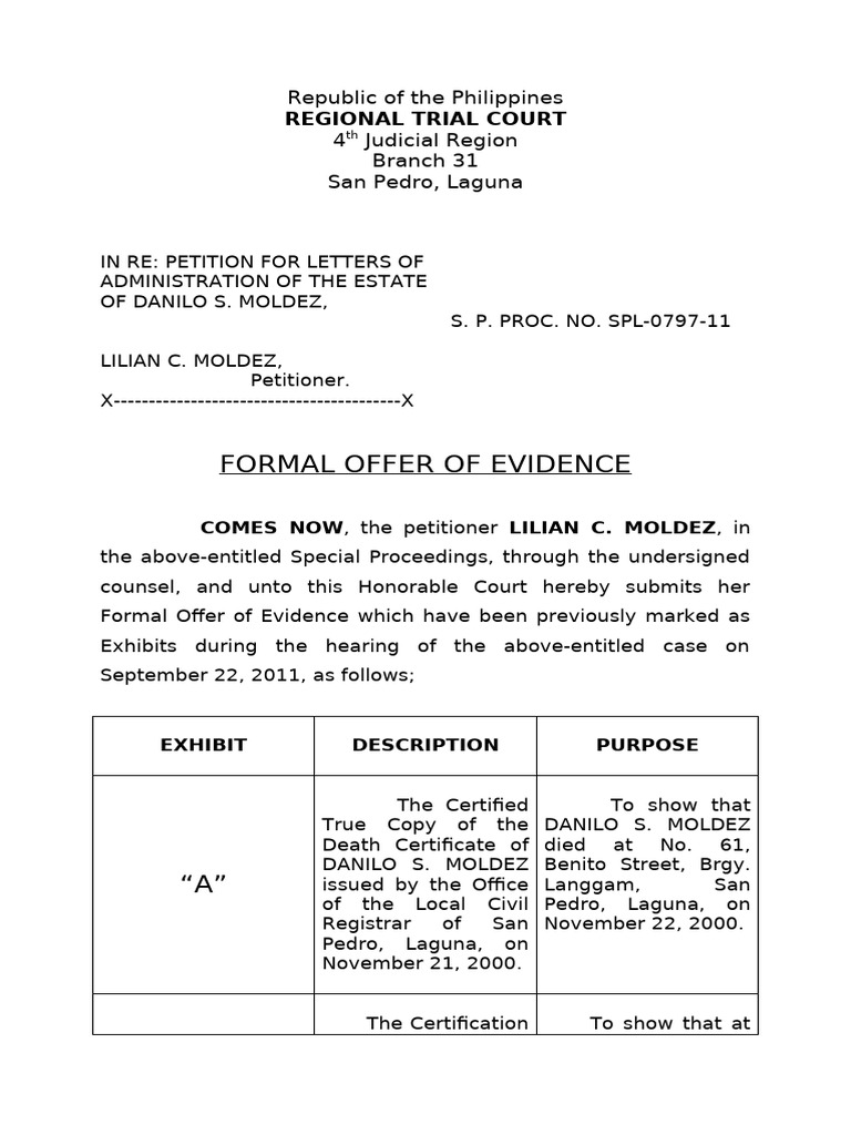 FORMAL OFFER OF EVIDENCE | PDF | Justice | Crime & Violence