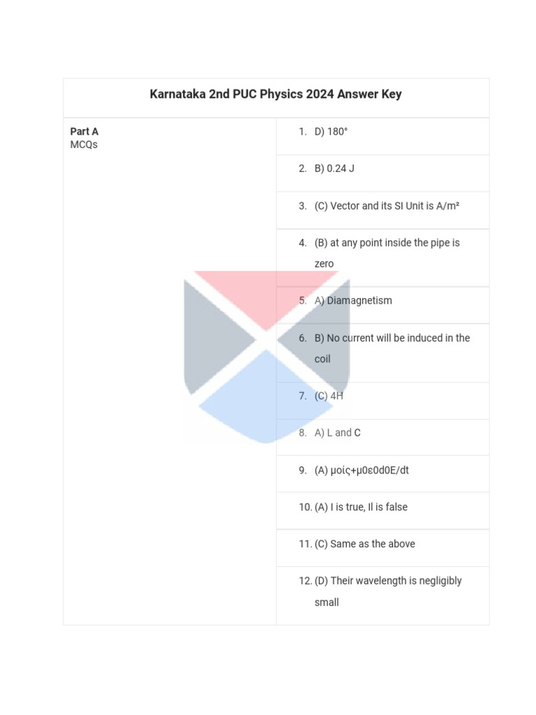 Karnataka 2nd PUC Physics 2024 Key | PDF