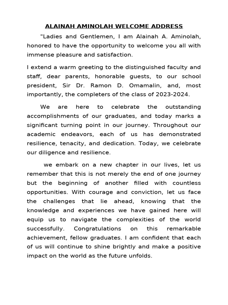 Alainah Aminolah's Graduation Welcome Address | PDF