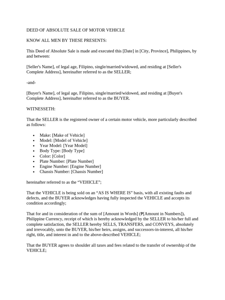 Deed of Absolute Sale of Motor Vehicle | PDF | Deed | Property Law