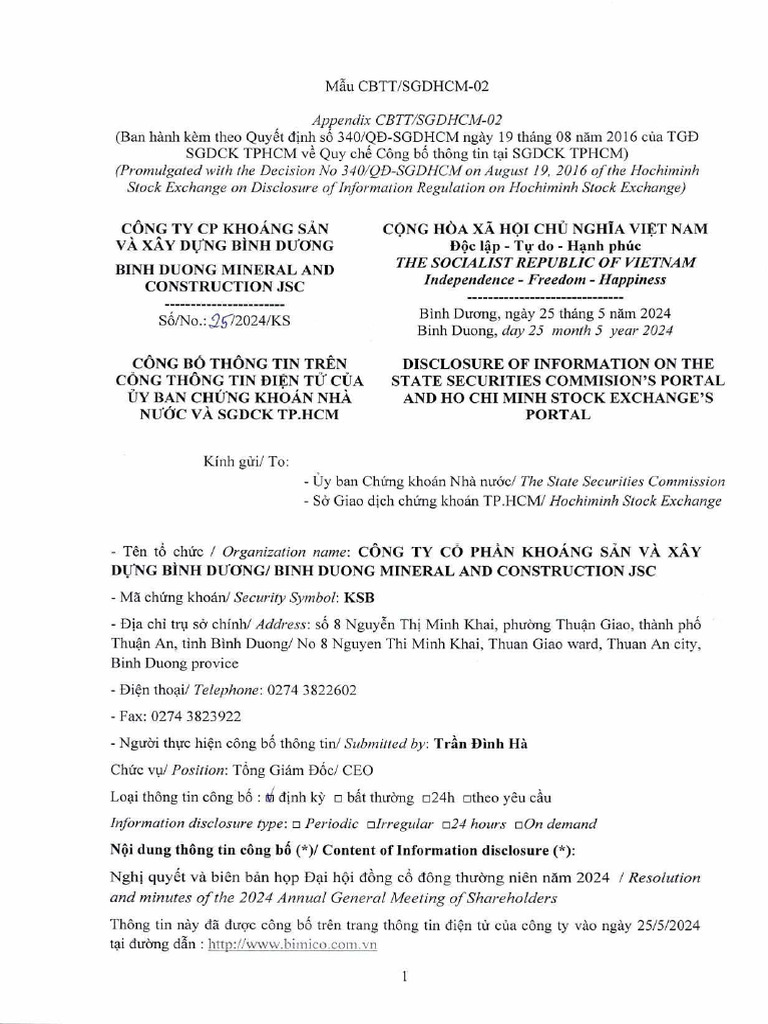 KSB CBTT NQ BB Dai Hoi Dong Co Dong Thuong Nien 2024 | PDF