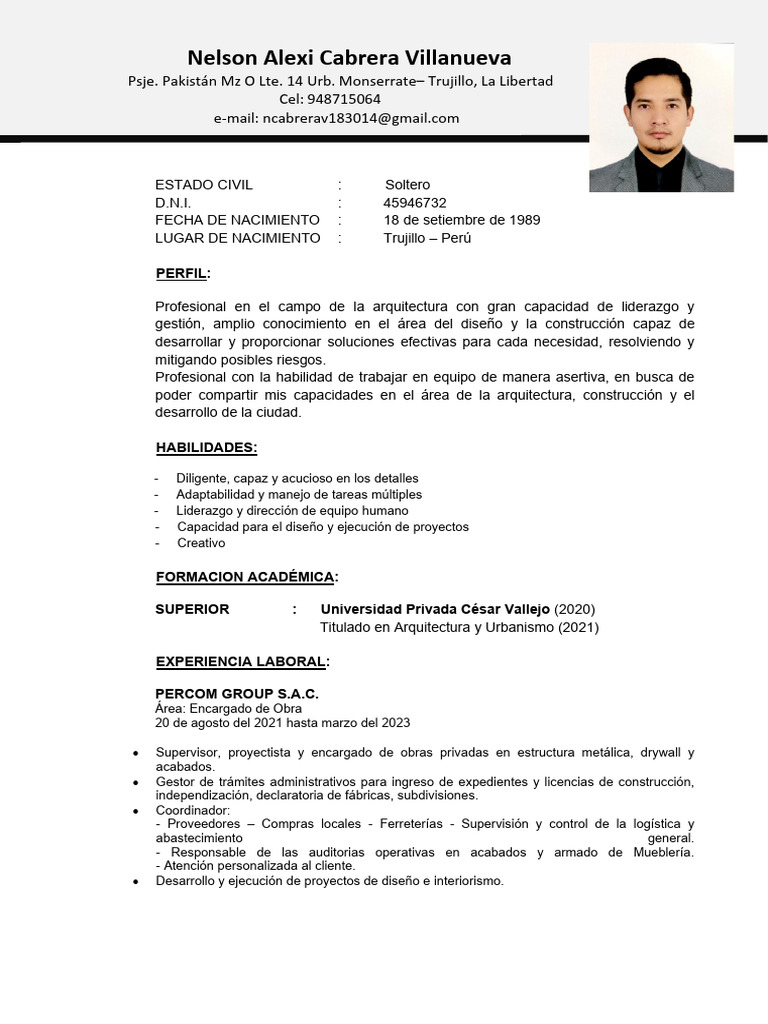 CV Cabrera Villanieva Nelson - 2024 (1) - 1-6 | PDF | Logística | Diseño