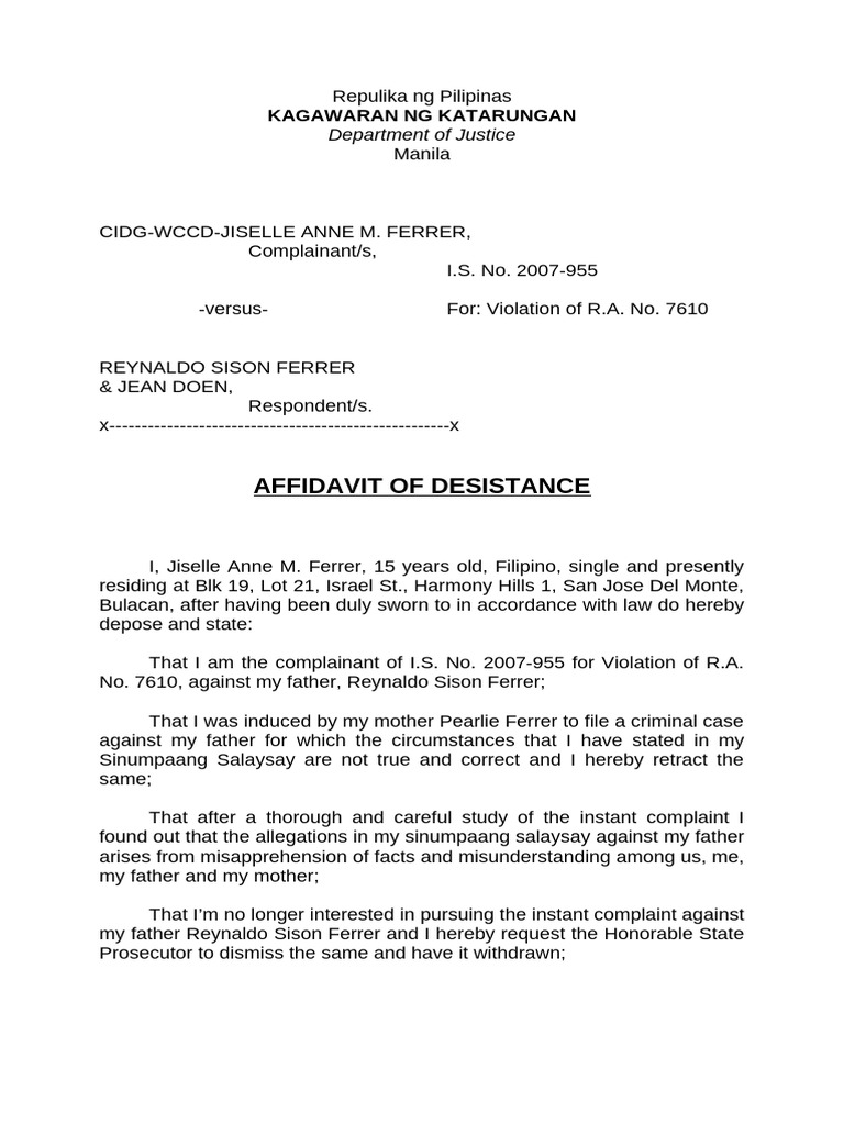 Affidavit of Desistance in R.A. 7610 Case | PDF