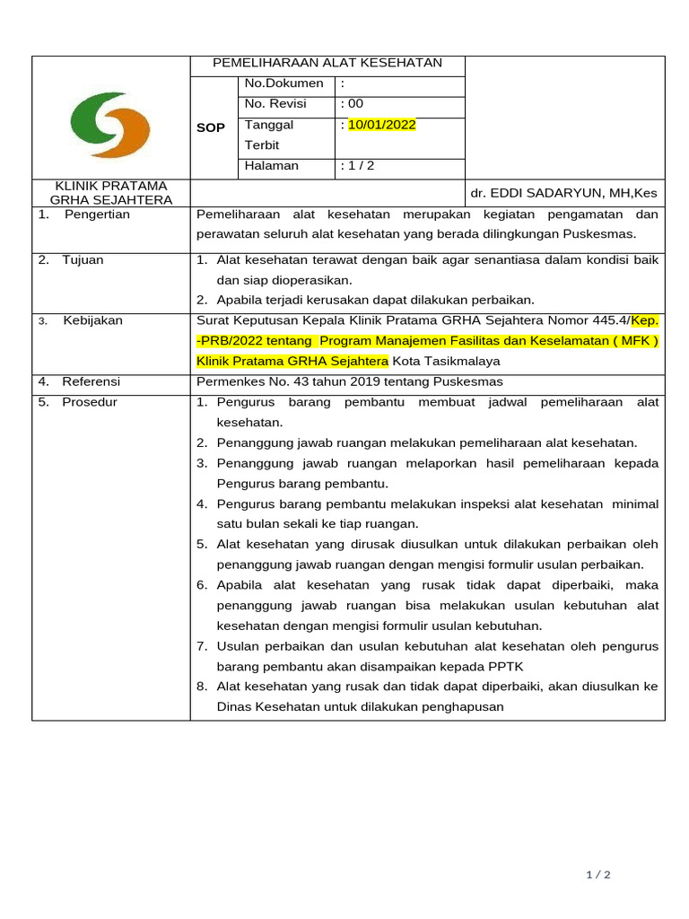 Sop Pemeliharaan Alkes | PDF