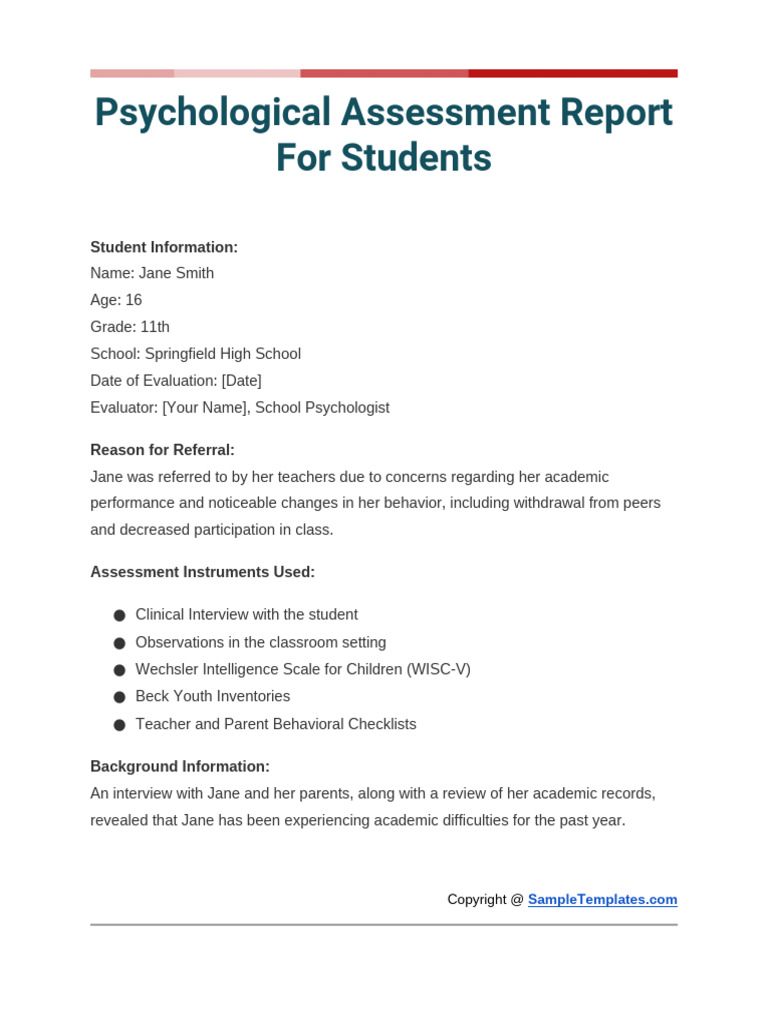 Psychological Assessment Report For Students | PDF | Psychotherapy | Social Skills