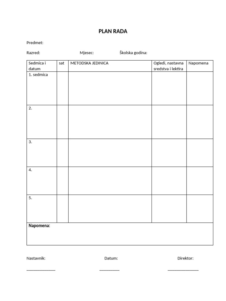 Mjesečni Plan Rada Prazan | PDF