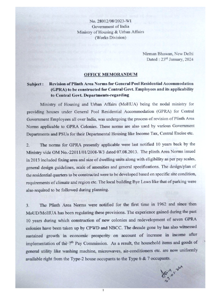 Revision in Plinth Area Norms for GPRAs | PDF