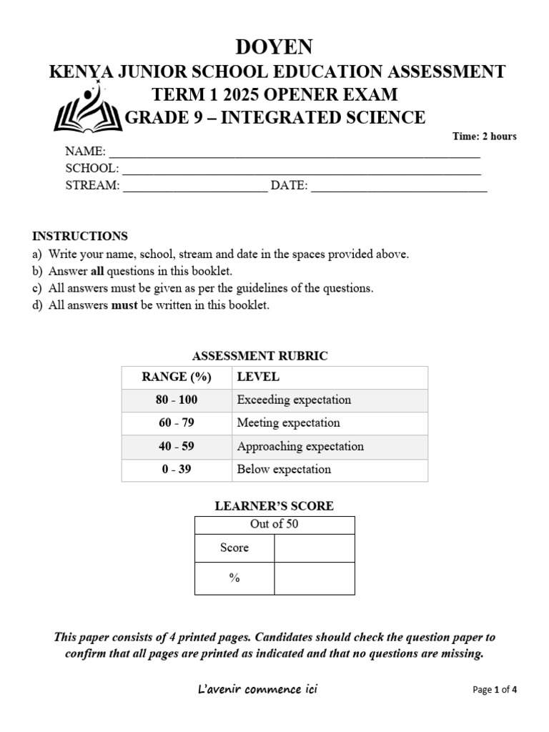 Grade 9 Integrated Science Term 1 2025 Opener Exam | PDF | Chemical ...