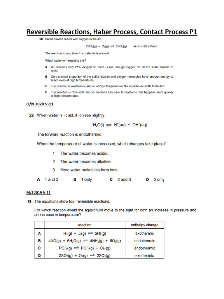 Reversible Reactions- Haber- Contact Process TQP P1 | PDF