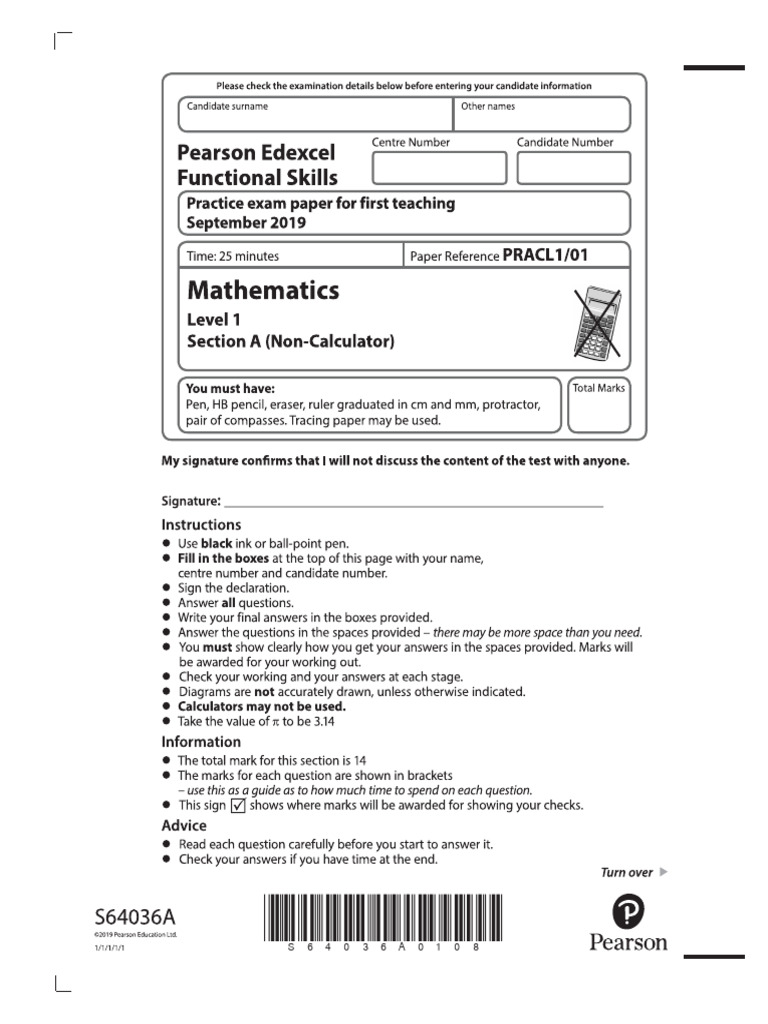 FS Maths Calc Section B - PRACL1 C01 Level 1 Practice Paper 1 | PDF