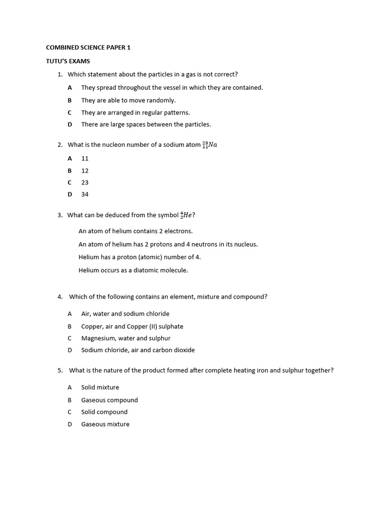 Combined Science Paper 1 | PDF | Oxide | Ionic Bonding