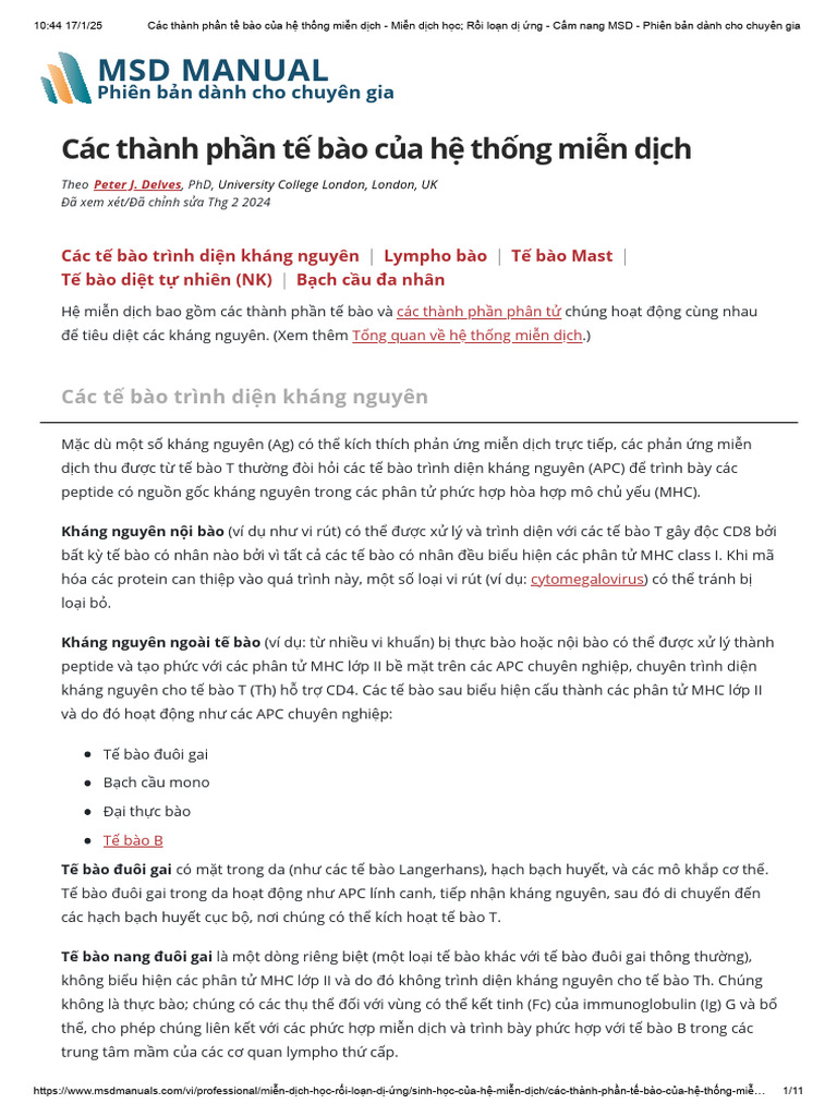 Các thành phần tế bào của hệ thống miễn dịch - Miễn dịch học; Rối loạn ...