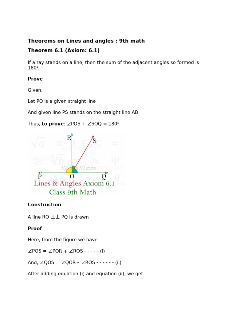 Class 9 Lines and Angles Theorems | PDF | Mathematics | Geometry