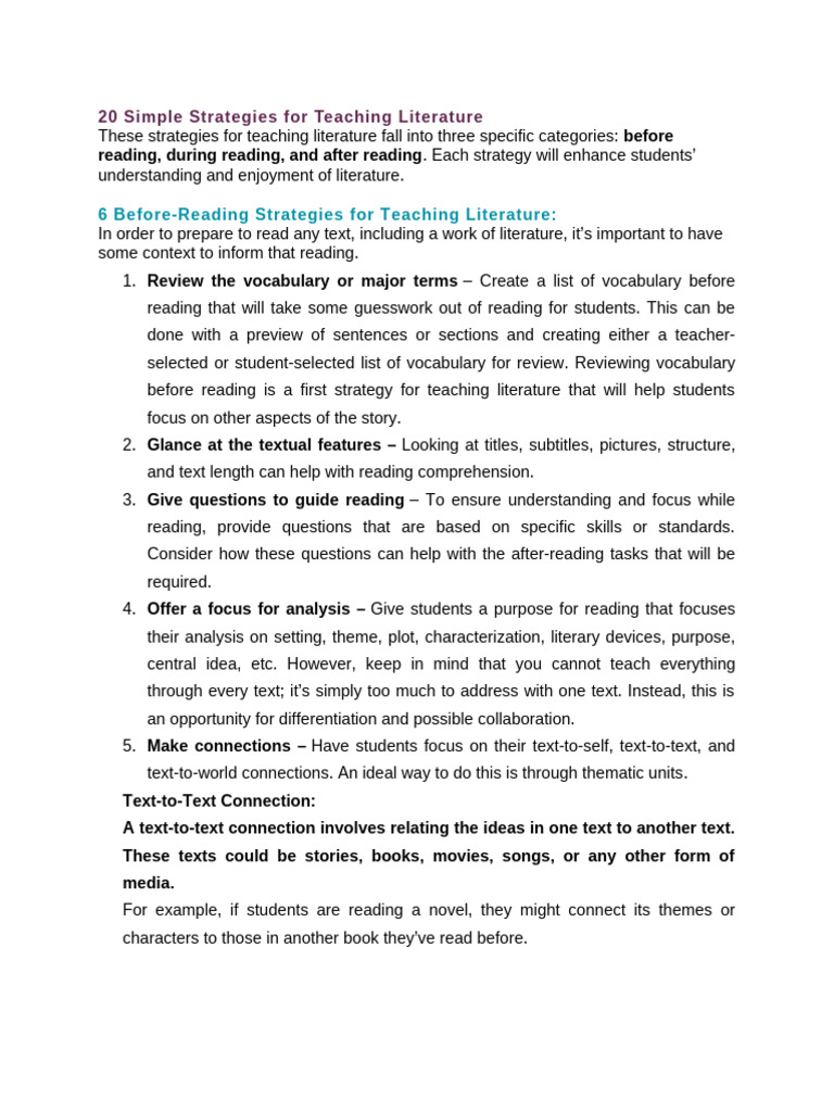 20 Simple Strategies For Teaching Literature | PDF | Critical Thinking | Reading Comprehension