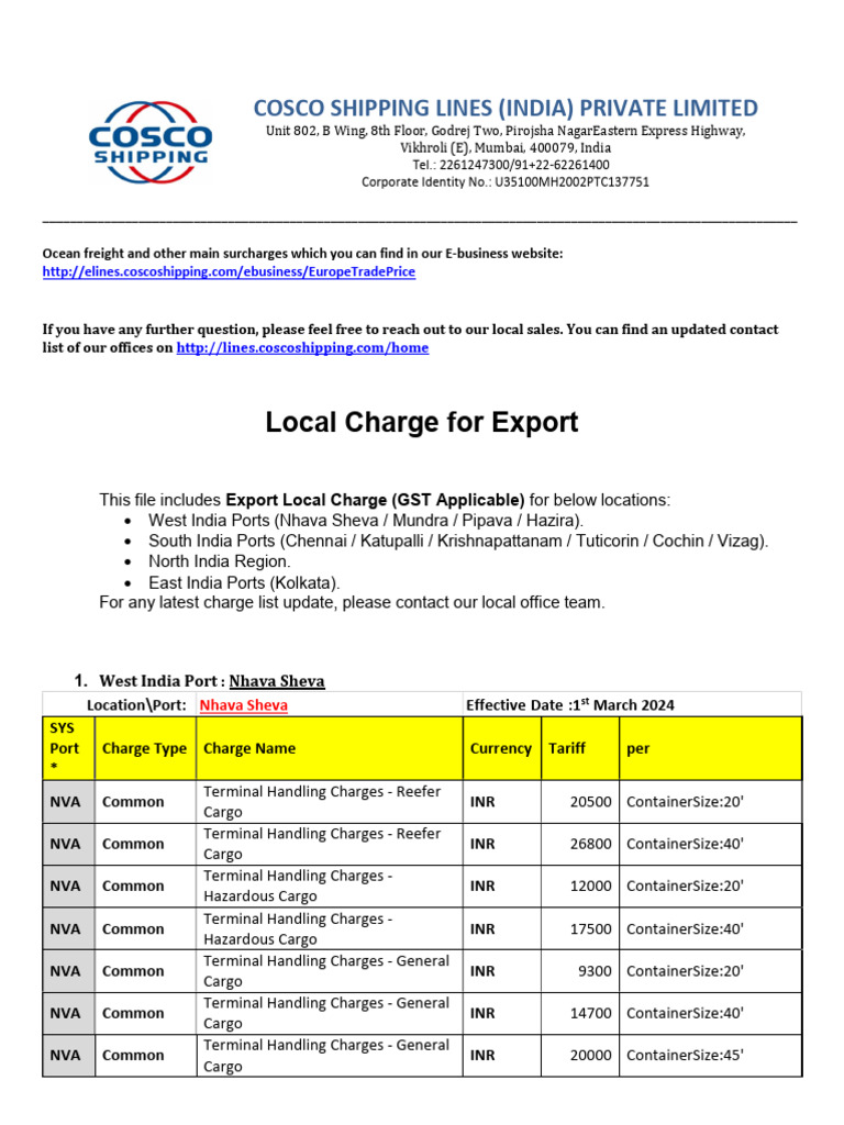 Export Local Charge - COSCO SHIPPING India - 6th May 2024 | PDF | Cargo | Freight Transport