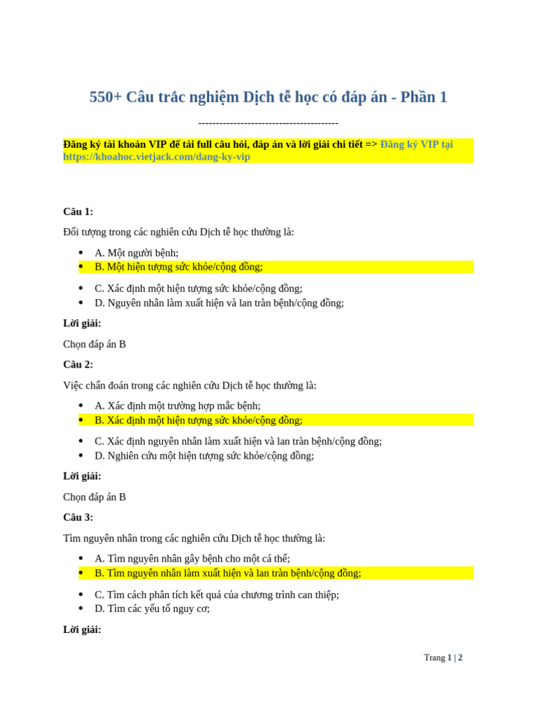 550 Cau Trac Nghiem Dich Te Hoc Co Dap An Phan 1 2024-12-27 | PDF