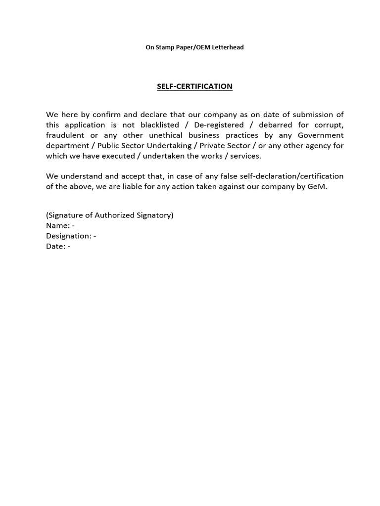 Self-Certification for Business Integrity | PDF