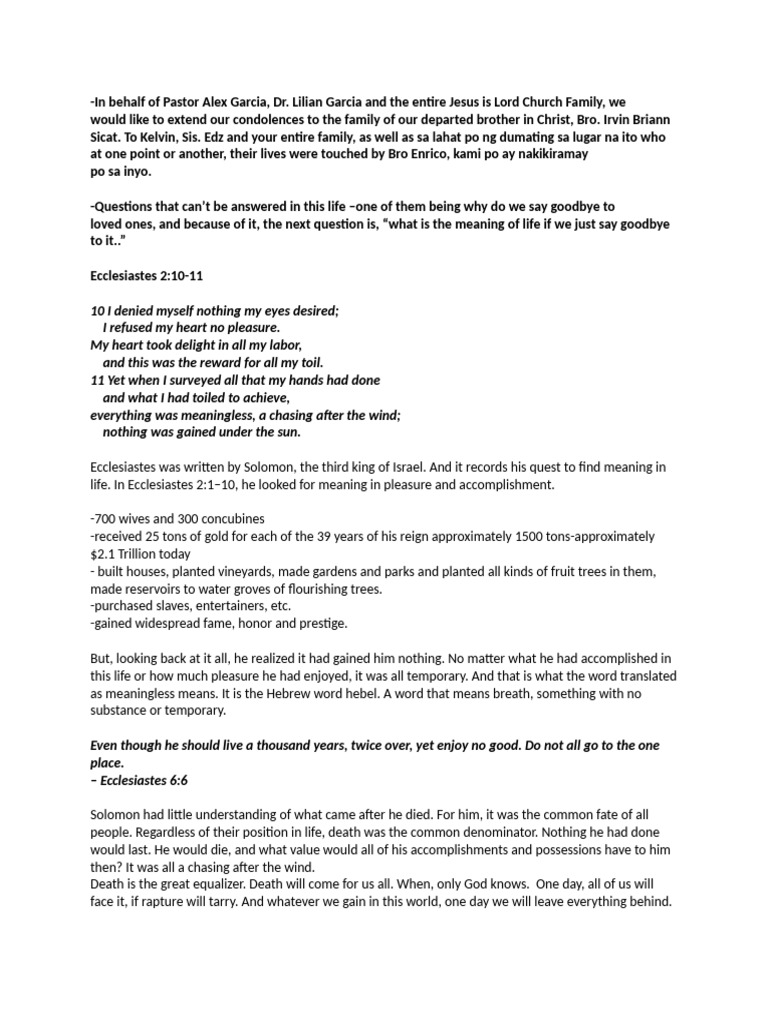 Funeral Service Outline For Believers | PDF | Hell | Jesus
