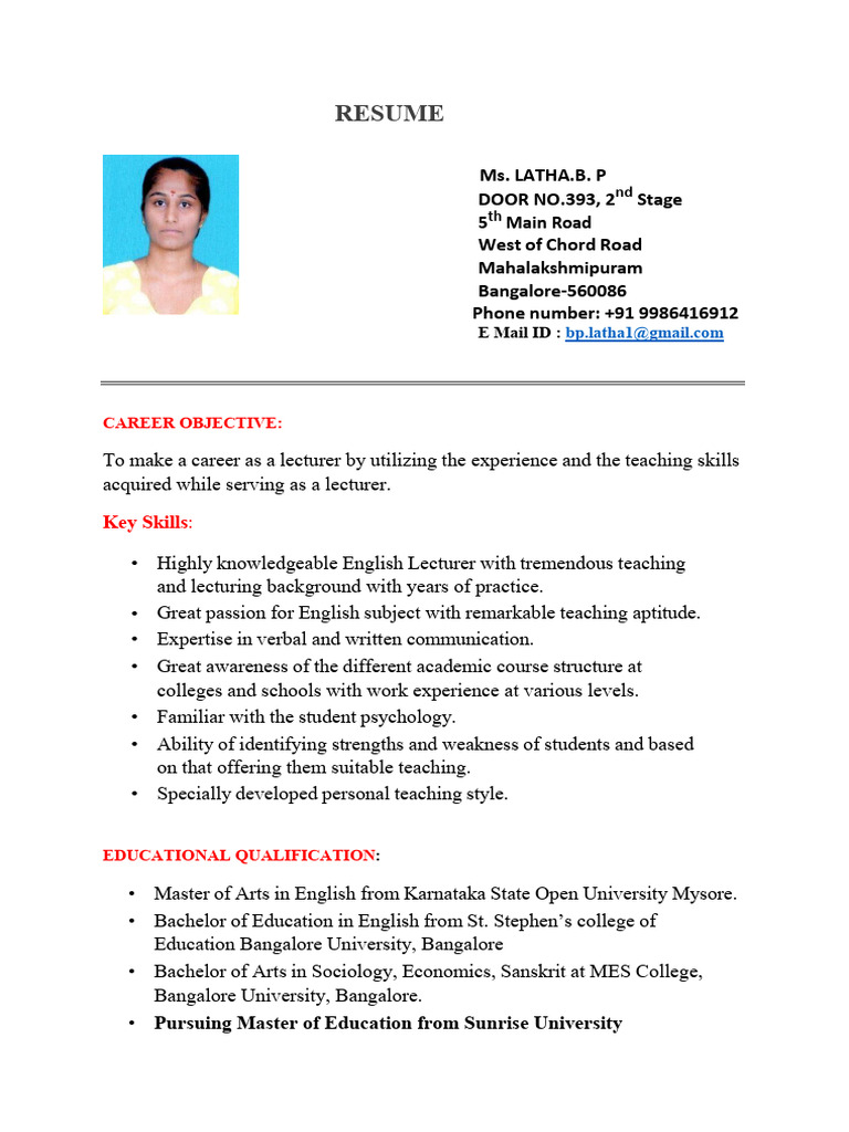 LATHA B P RESUME UPDATED 2024 new | PDF