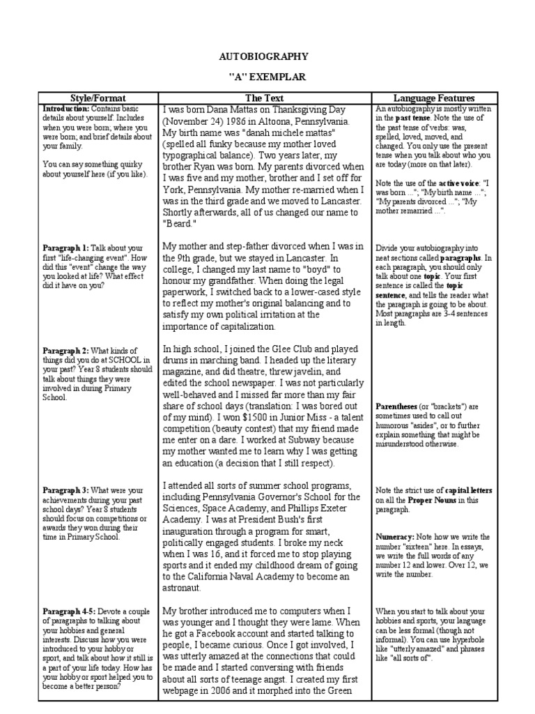 Autobiography Exemplar | PDF | Paragraph | Linguistics