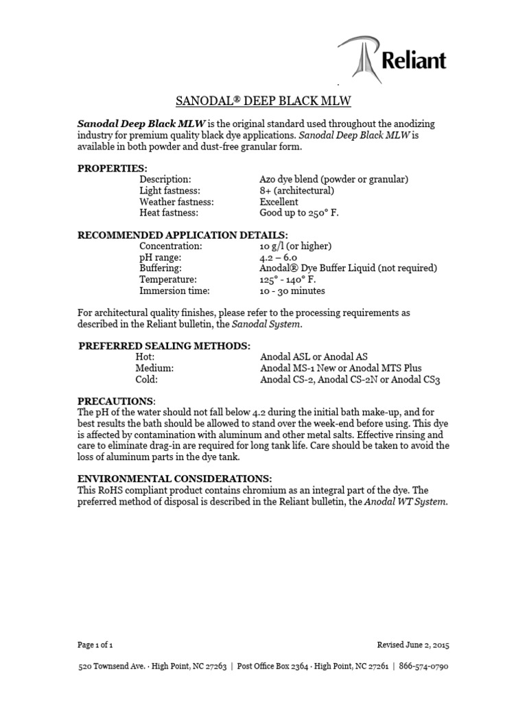 Sanodal - Deep - Black - MLW Data Sheet | PDF | Aluminium | Dye