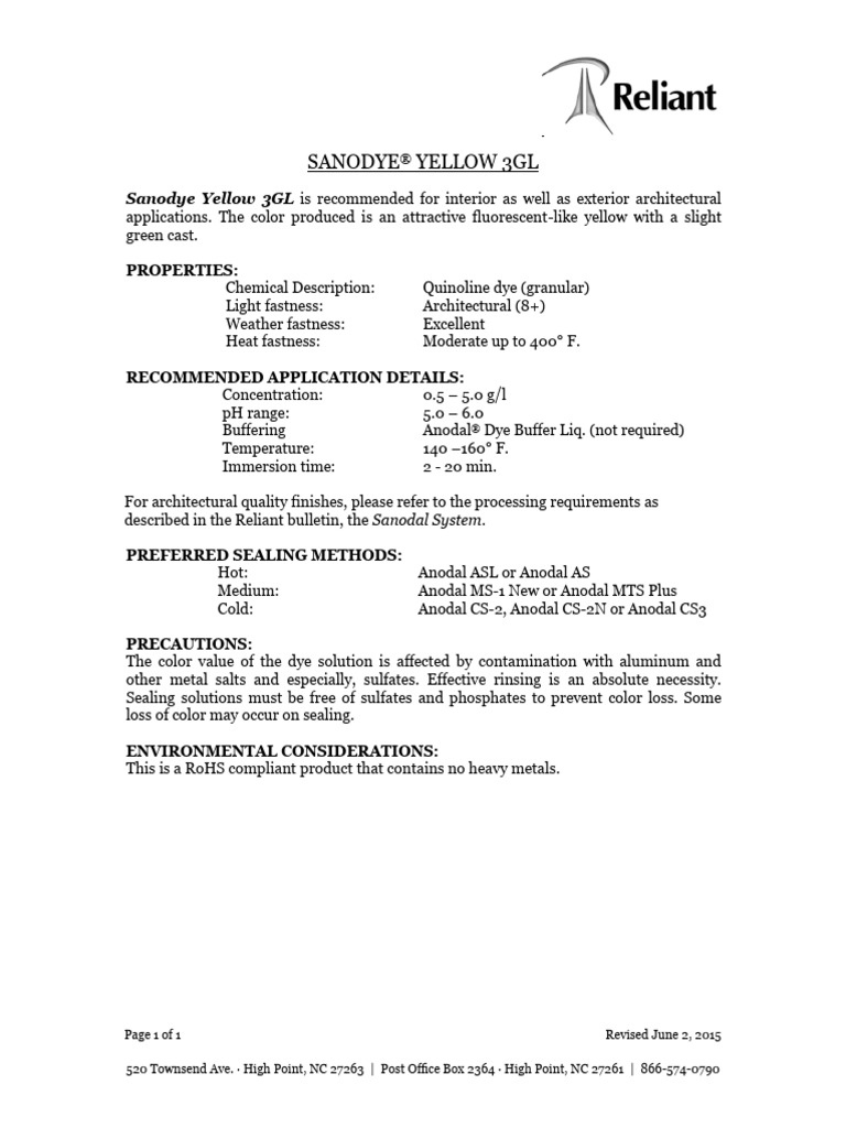 Sanodye - Yellow - 3GL Data Sheet | PDF | Chemistry | Materials
