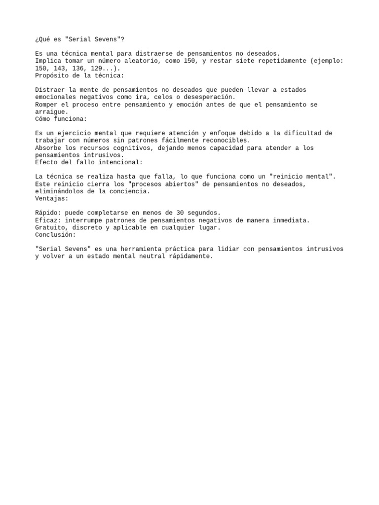 Técnica "Serial Sevens" para distracción mental | PDF