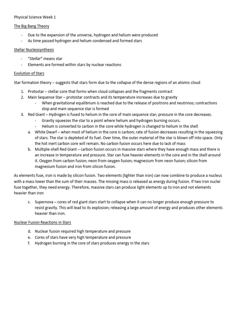Physical Science Week 1 Part 1 | PDF | Stars | Nuclear Fusion