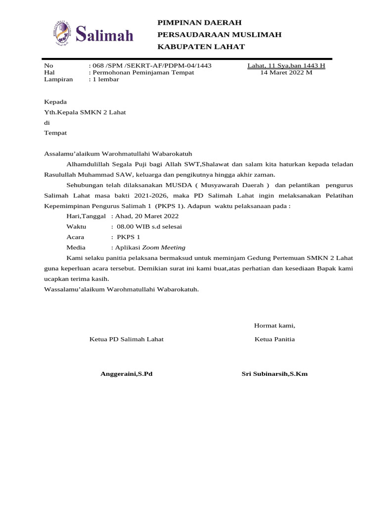 Surat Peminjaman Tempat | PDF