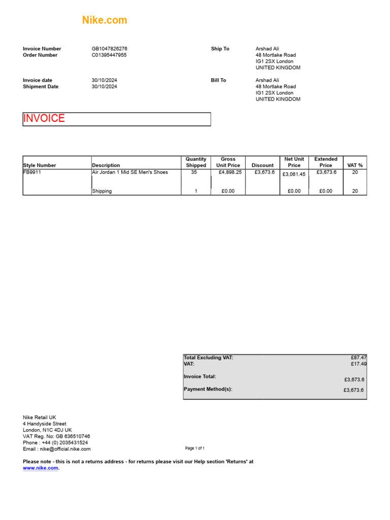 Online Purchase Nike Invoice | PDF | Invoice | Nike