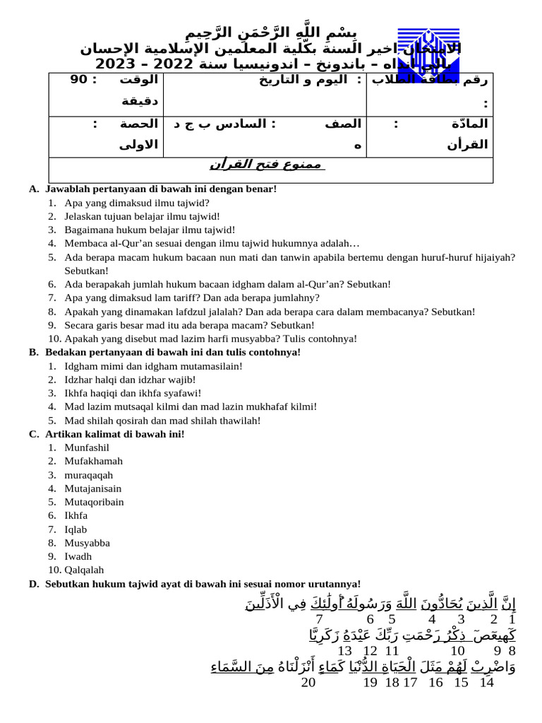 Soal Kelas 6 Tajwid | PDF