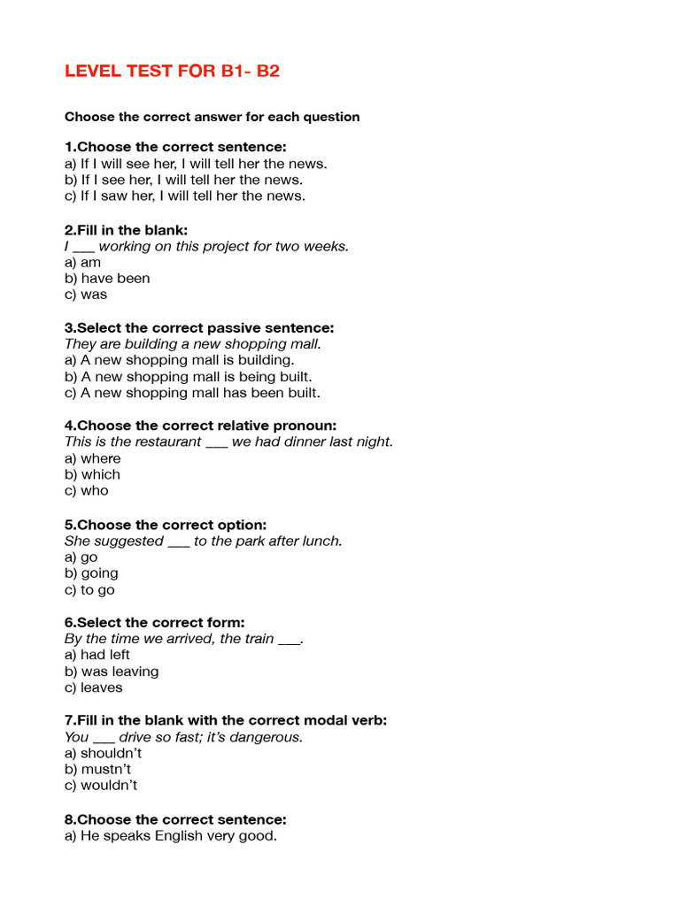 B1-B2 English Placement Test | PDF | Verb