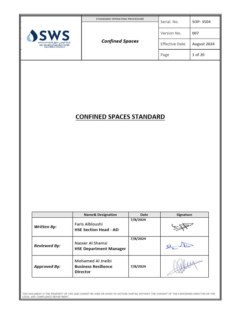 SOP-3504 Confined Spaces | PDF | Occupational Safety And Health | Safety