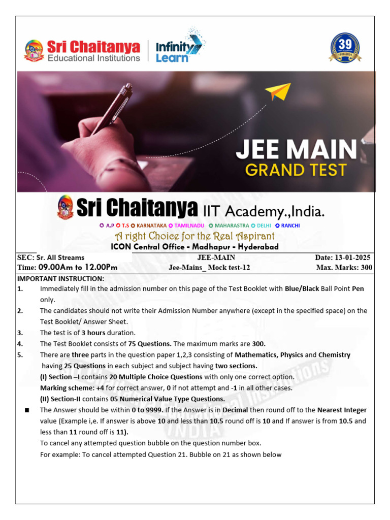 13-01-2025_Sr.All Streams_ Jee Main_Mock test-12_Q.Paper | PDF ...