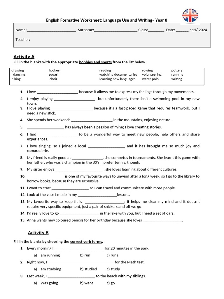 English Worksheet 8th Grade 1 | PDF