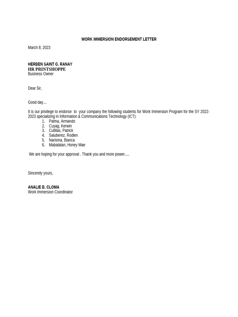 Work Immersion Endorsement Letter | PDF