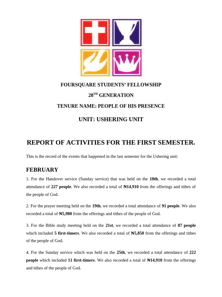 USHERING UNIT 1st Semester Report | PDF
