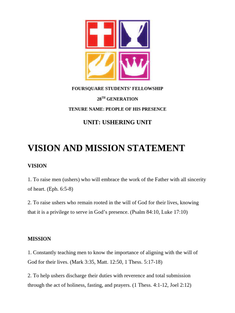 USHERING UNIT Vision and Mission | PDF
