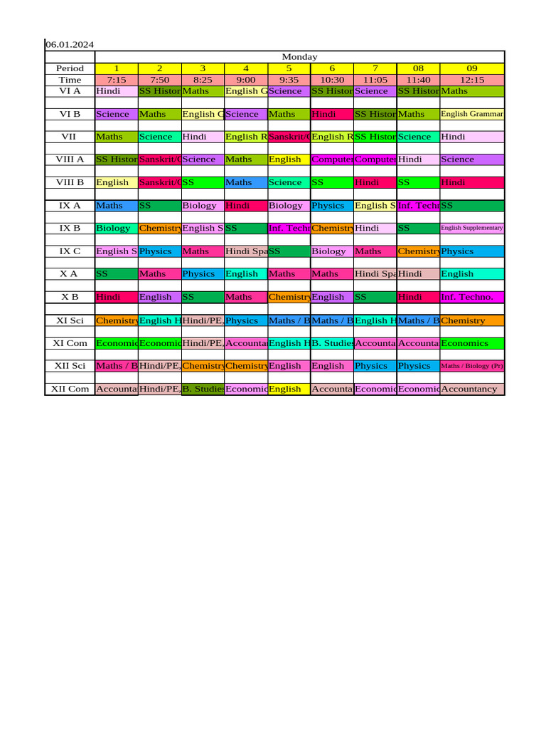 Classwise Time Table - 6th January Monday | PDF