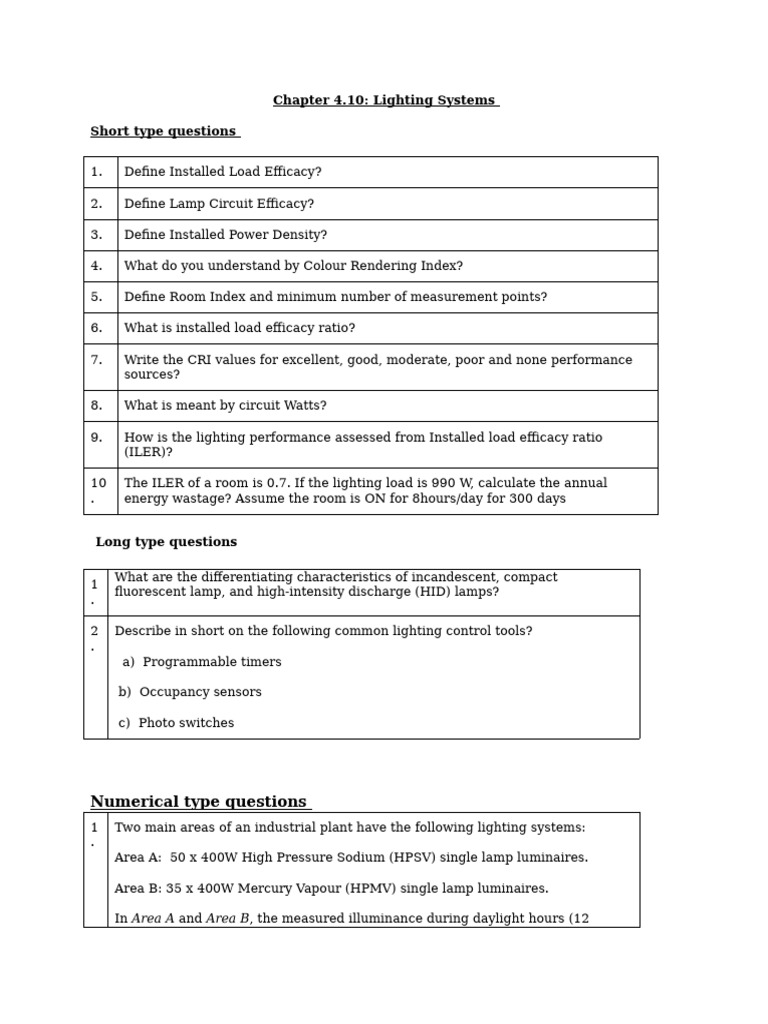 SQ - 4.10 - Lighting Systems - Ques | PDF | Lighting | Incandescent Light Bulb