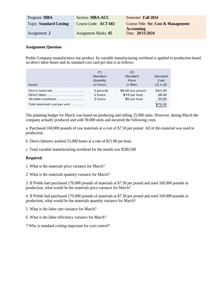 MBA-ACC-Str. Cost & MGT Acc-Assignment-2 | PDF