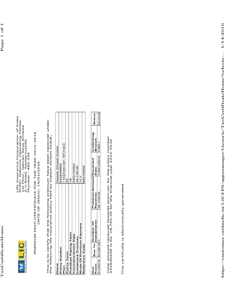 LIC Certificate 13-01-2016 | PDF