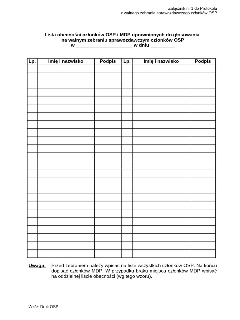 2 Zal Nr 1 Lista Obecnosci Czlonkow OSP i MDP Uprawnionych Do Glosowania Na Walnym Zebraniu | PDF