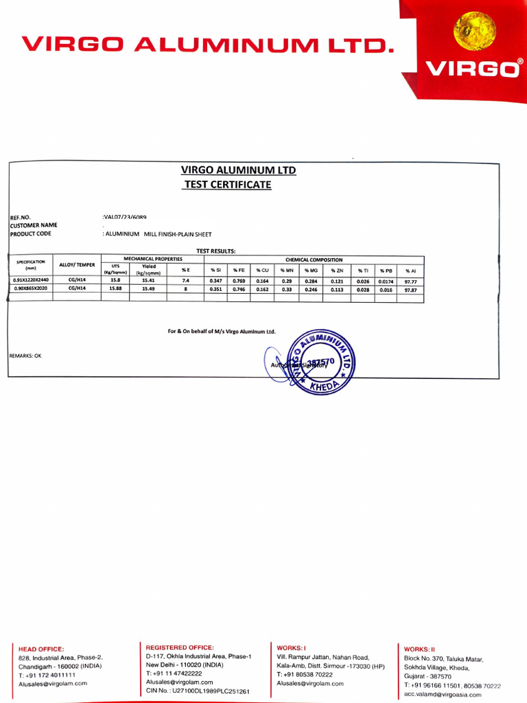 Aluminium Sheet MTC | PDF | Classification Of Minerals | Chemistry