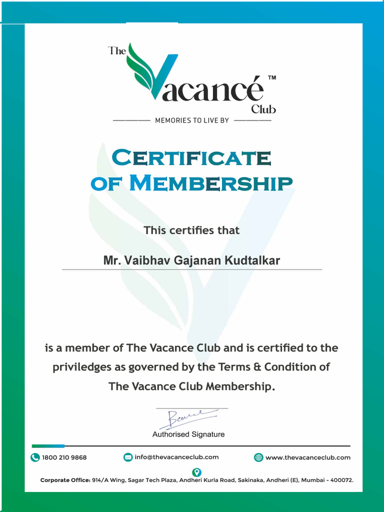 Membership Certificate Vacance Club Final | PDF