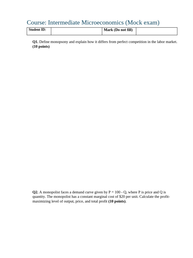 Microeconomics Final Exam A | PDF | Marginal Cost | Microeconomics
