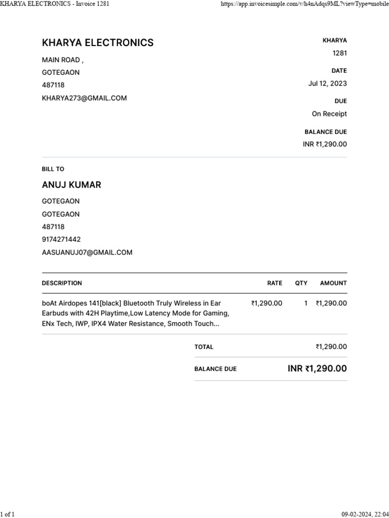 Invoice for boAt Airdopes 141 Purchase | PDF