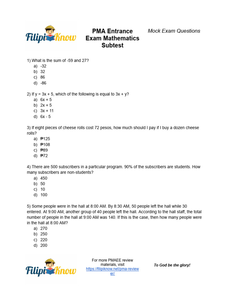 PMA Entrance Exam Math Mock Questions | PDF | Length | Triangle