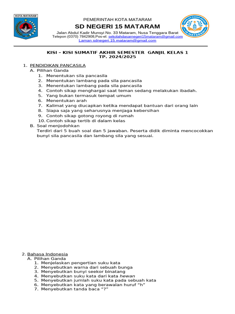 Kisi - Kisi Sas Ganjil Tp. 2024-2025 | PDF