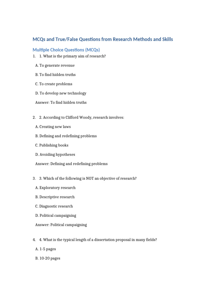 Research Methods MCQs and True/False Quiz | PDF